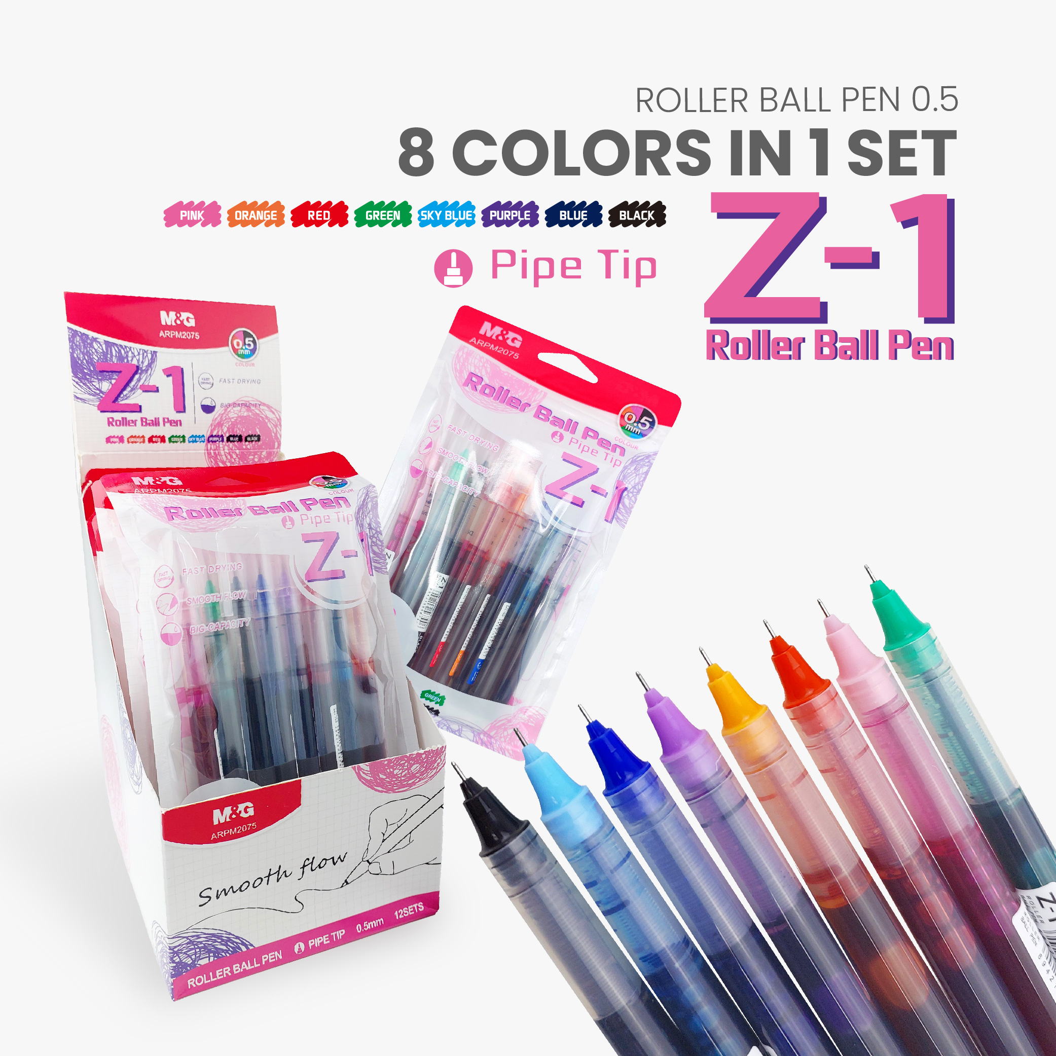 M&G LIQUID ROLLER BALL PEN 0.5 ( Z-1 ) - 8 COLOURS / SET