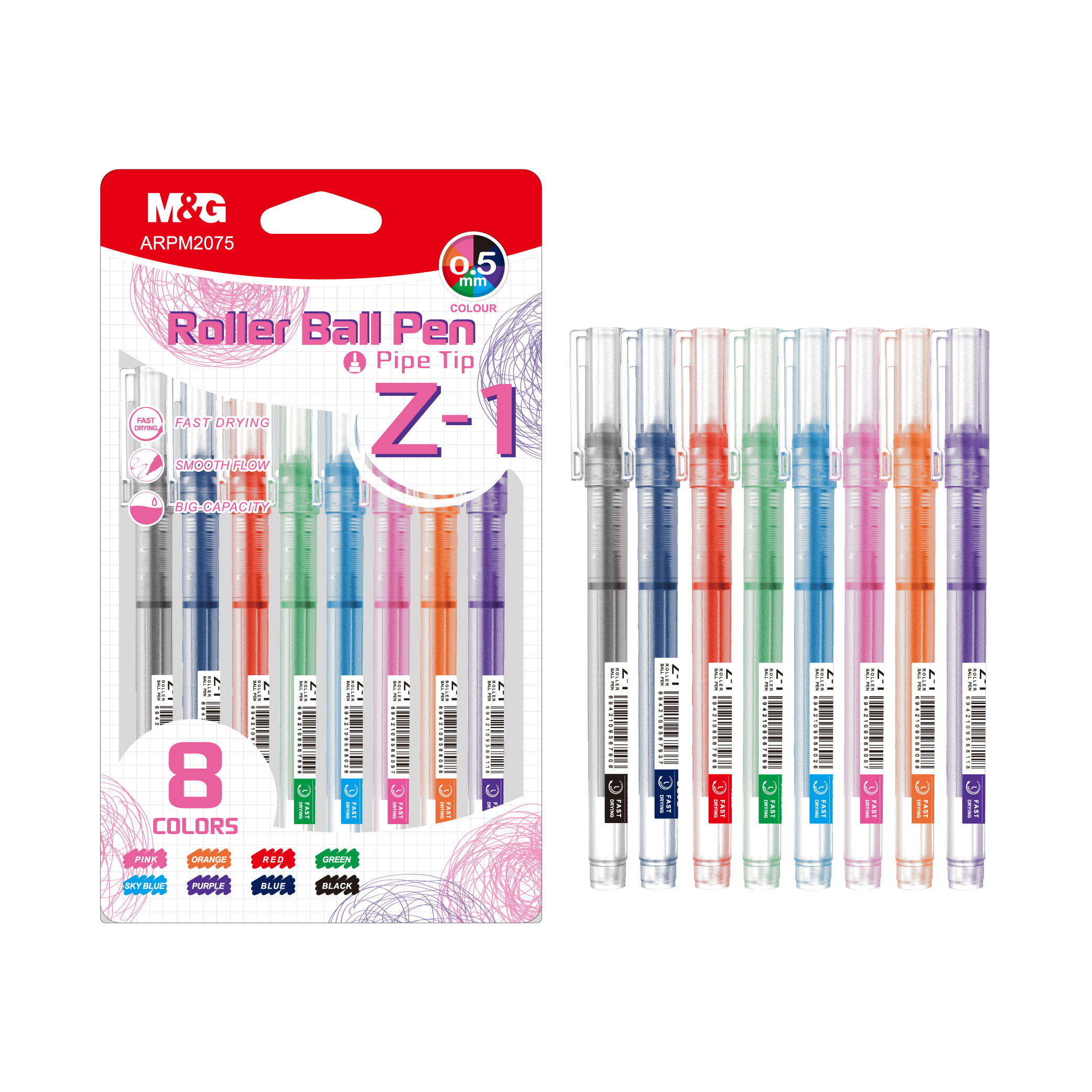 M&G LIQUID ROLLER BALL PEN 0.5 ( Z-1 ) - 8 COLOURS / SET
