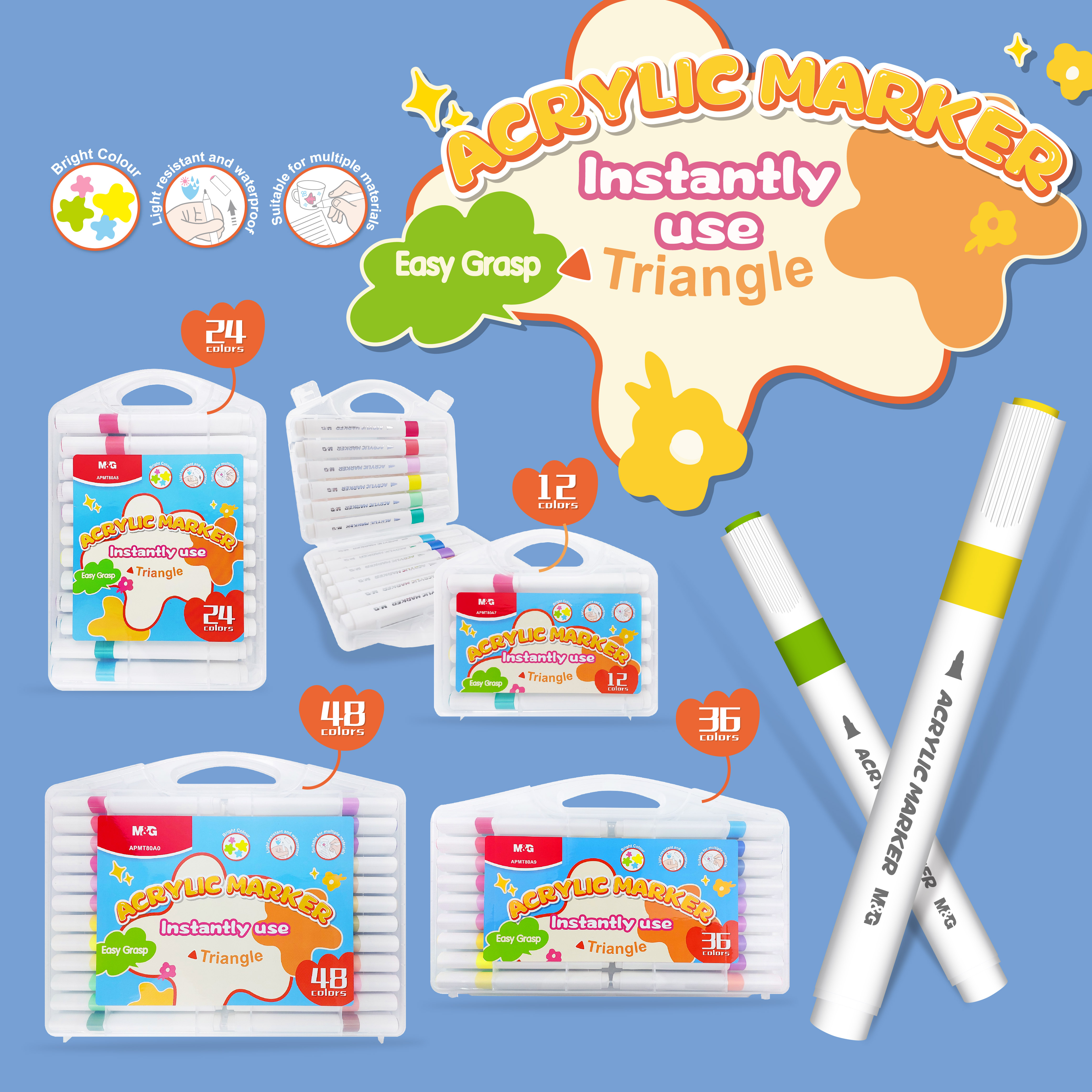 M&G TRIANGLE ACRYLIC MARKER SET ( 12/24/36/48 COLOURS )